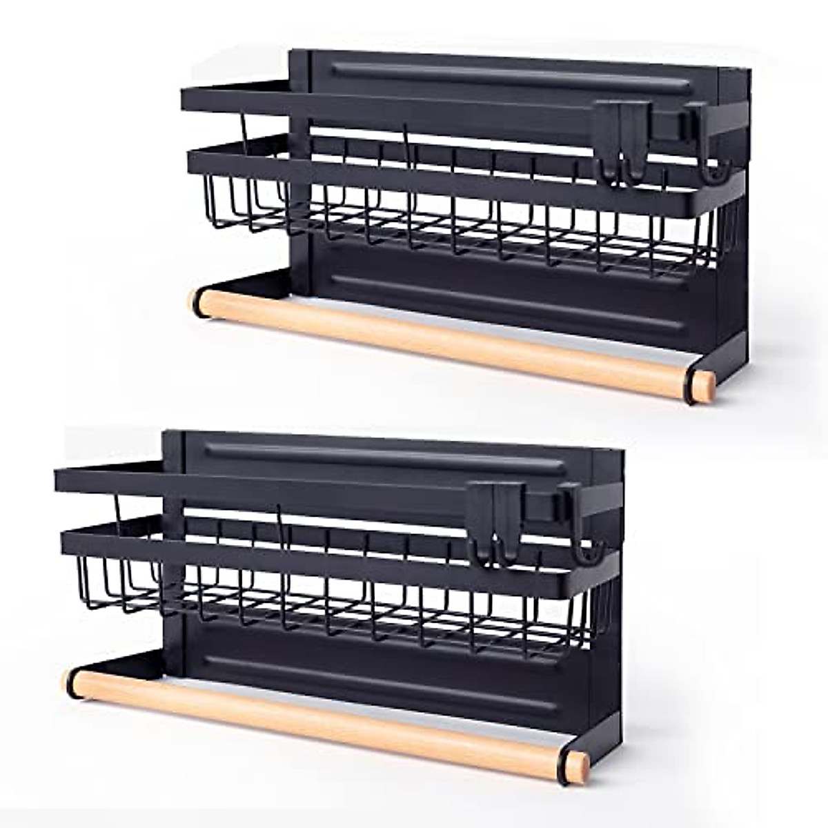 Sleclean Magnetic Spice Rack Organizer for Refrigerator, 2 Pack, Paper towel holder magnetic, Kitchen Magnetic Shelf,13.4"x4.5"x7.1", Black