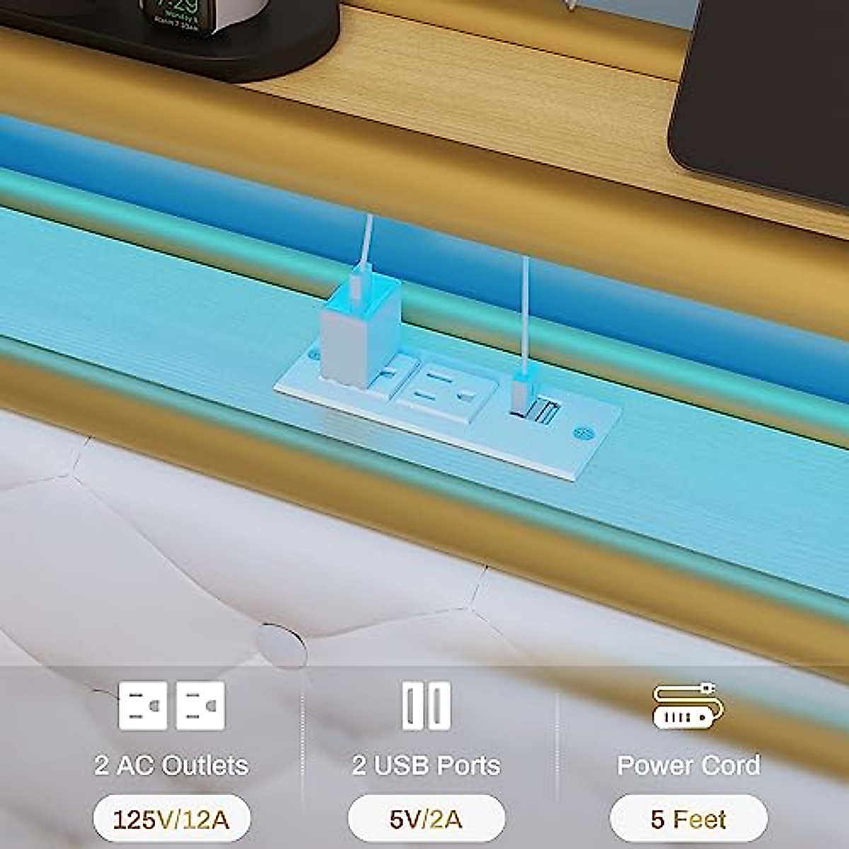 BTHFST Full Size Bed Frame with Built-in LED Light Headboard & Storage Drawers, USB Ports & Outlets, Upholstered Platform Bed Frame with Diamonds Tufting, Mattress Foundation, Creamy White & Gold