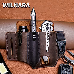 WILNARA Leather EDC Holster Multitool Sheath for Belt, Tactical Pen Holster, Flashlight Holster, Everyday Carry Retro Pocket with Keychain, Handy & Durable(Dark Brown)