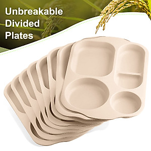 8 Pcs Large 12 Inch Unbreakable Divided Plates Section Plates Kids Food Tray 5 Compartment Plates Wheat Straw Toddlers Lunch Trays for Kid Toddler Children Adult Microwave Dishwasher Safe (Beige)