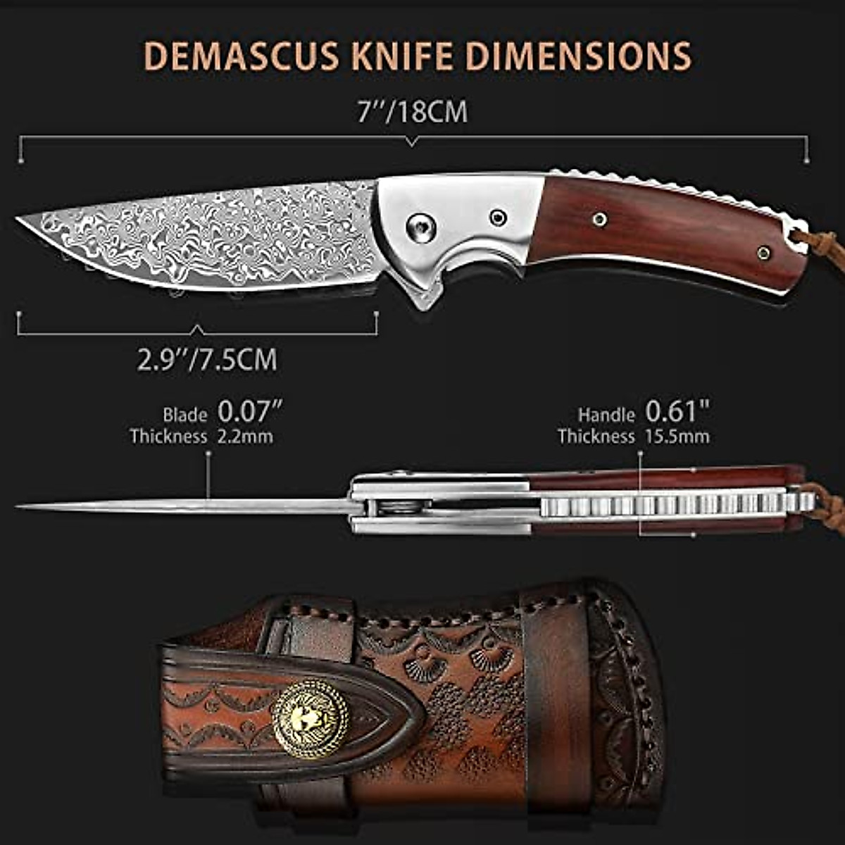 LOTHAR Damascus Pocket Knife for Men, Excellent Damascus Folding Knife Gifts for Men, VG10 Damascus Steel and Leather Sheath, Men Gifts for Birthday, Anniversary, Christmas Stocking Stuffers for Men