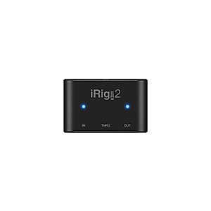 IK Multimedia iRig MIDI 2 universal MIDI interface with In, Out, and THRU ports, activity indicators for iPhone, iPad, Android, Mac, PC