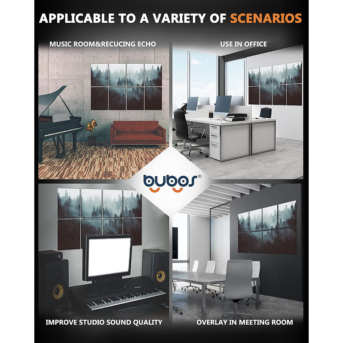 BUBOS 8 Pack Art Acoustic Panels Soundproof Wall Panels,48X32Inches Sound Absorbing Panels,Decorative Acoustical Wall Panels, Acoustic Treatment for Recording Studio,Adhesive Included,Fog Forest