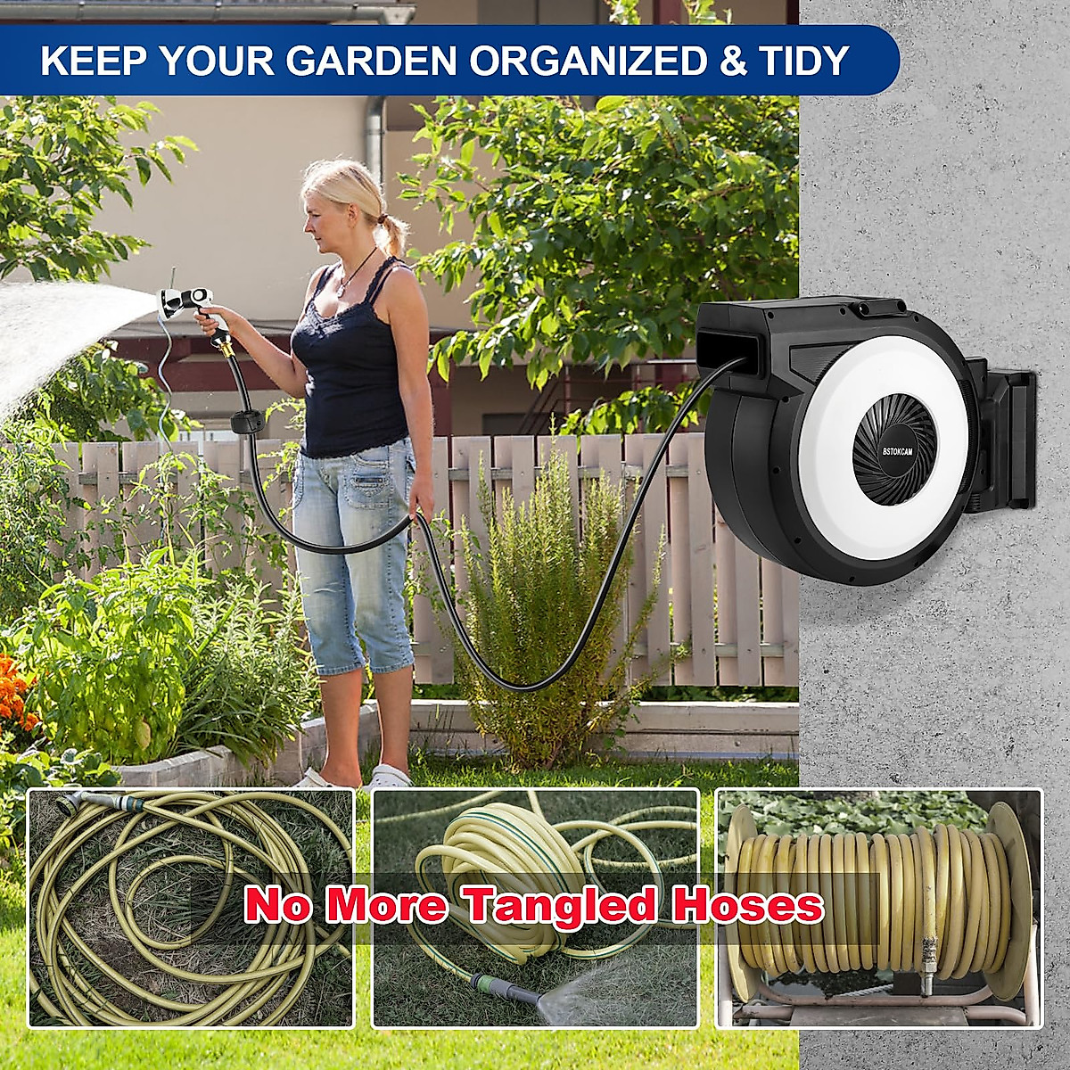 Retractable Garden Hose Reel by BSTOKCAM, 1/2" x 100ft Hybrid Rubber Hose, Heavy Duty Water Hose Reels Automatic Rewind Storage, 10 Patterns Nozzle Included