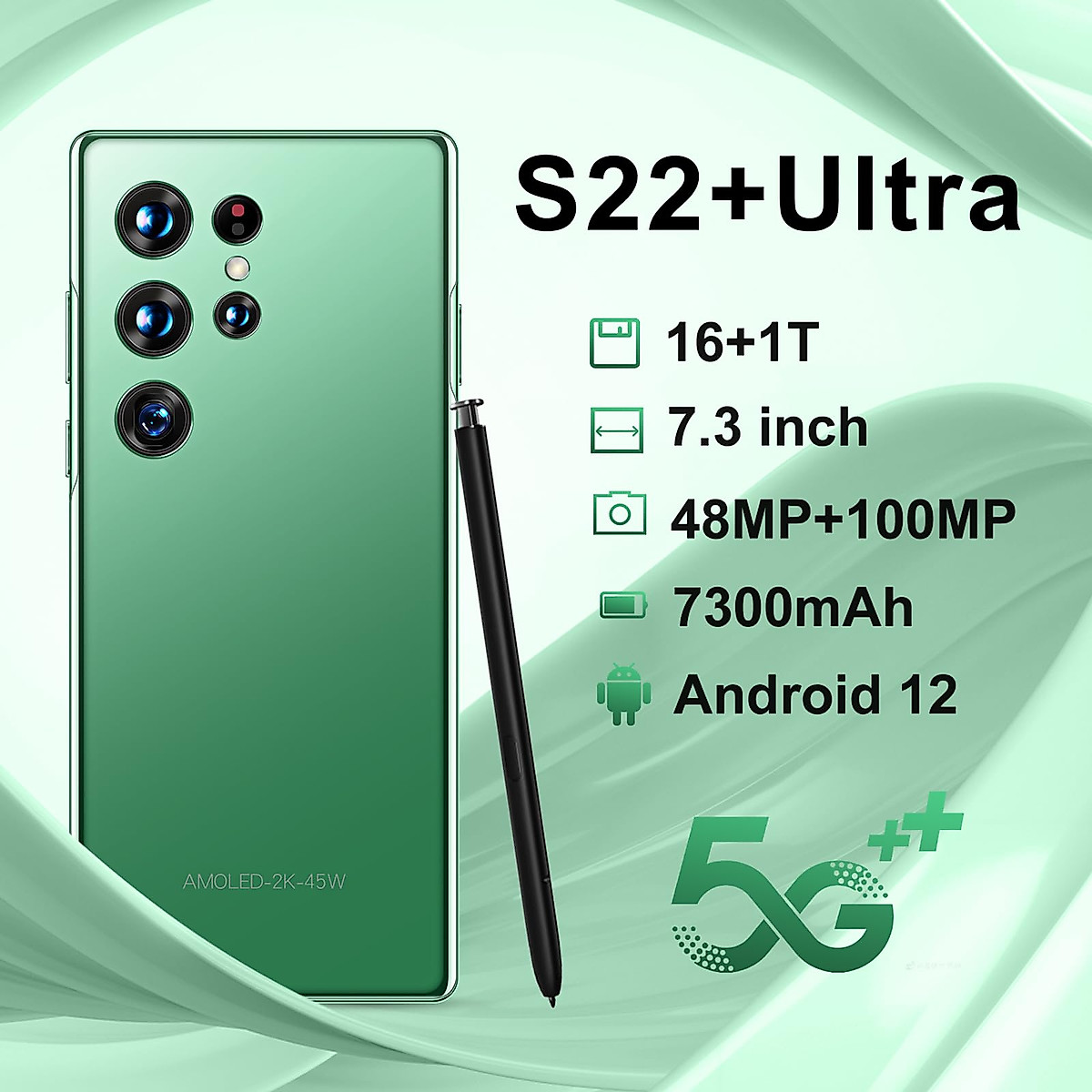 S22 Ultra Smartphone Original 7.3Inch HD Full Screen 16GB RAM 1TB ROM Unlocked Mobile Phones 7300Mah 4G/5G Network Celular Android Cell Phone,Green-1TB