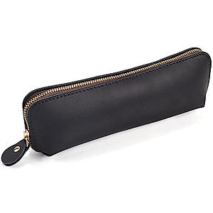 GORGECRAFT Leather Pencil Pouch Genuine Leather Pen and Pencil Case Large Capacity Crazy Horse Black Portable Rectangle Leather Pen Bags with Zipper for Men and Women Office Supplies Pen Case