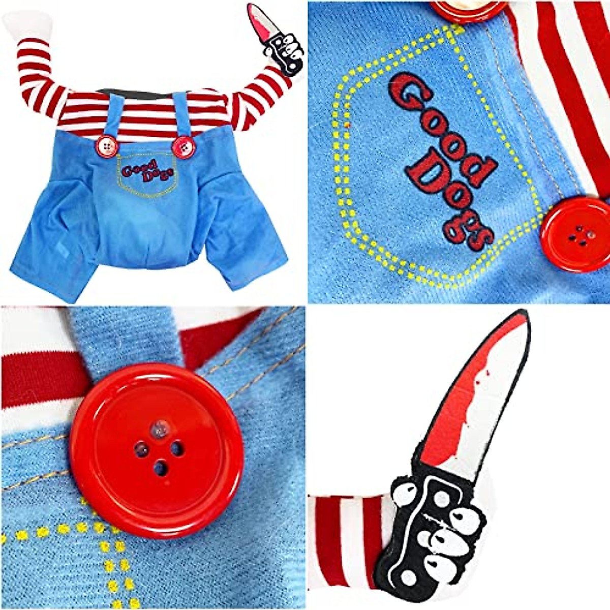 Camlinbo Halloween Costume for Pets Dogs Cats, Deadly Doll Wig Chucky Guitarist Funny Costume for Pets Puppy Small Medium Dogs Clothes Outfit Cosplay