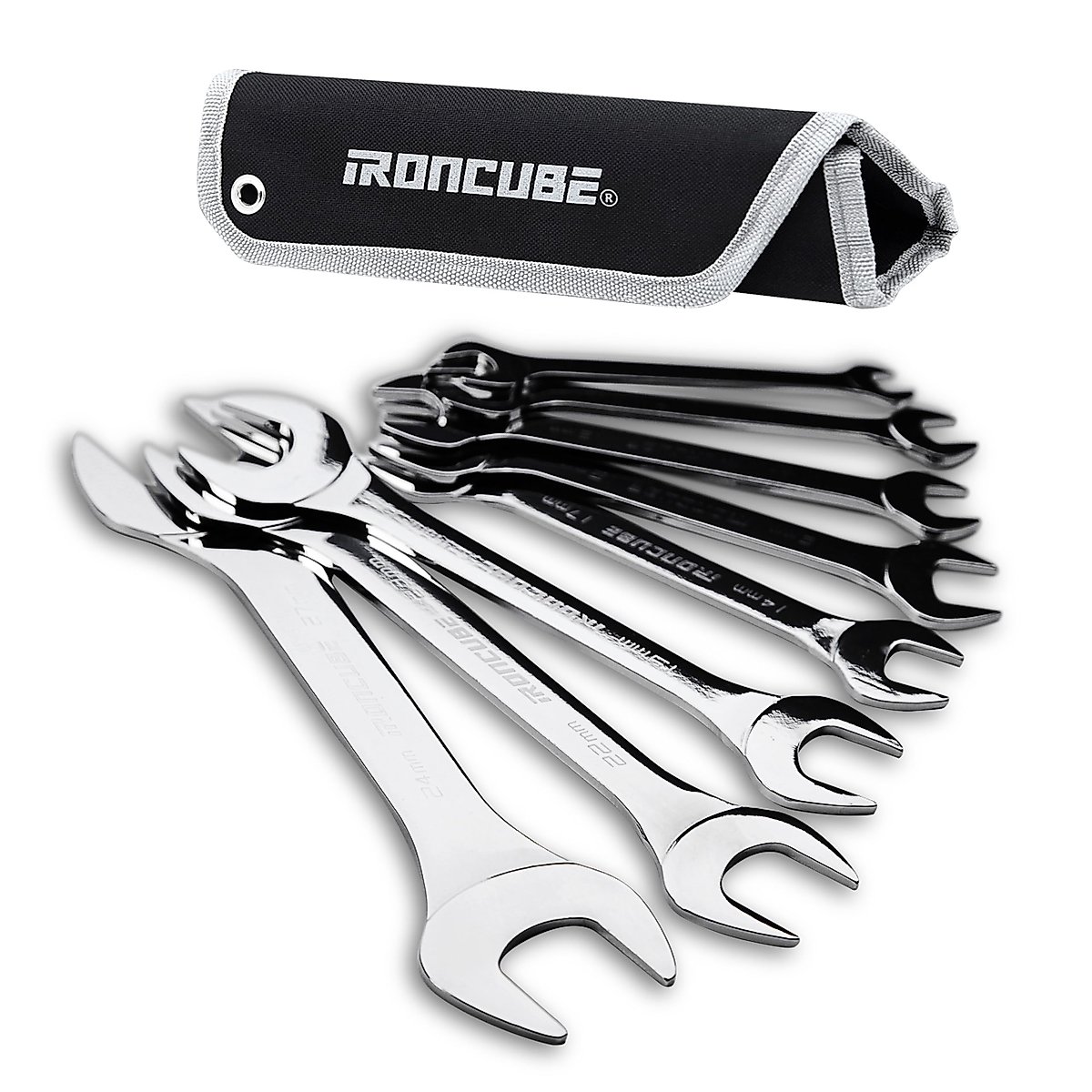 ironcube Super Thin Wrench Set,8-Piece, Metric, Including 8 to 27 mm, Open end Slim Wrench Set With Rolling Pouch, Perfect For Auto, Bike in Narrow Space Use