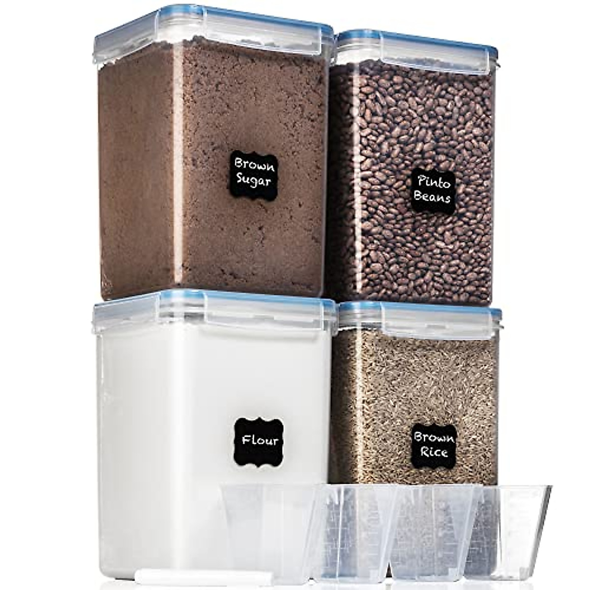 EXTRA LARGE WIDE & DEEP Food Storage Airtight Containers [Set of 4] 5.2L (175.9oz) w/ 4 Measuring Cups + Labels - Ideal for Sugar, Flour, Baking Supplies - Clear Plastic - Leakproof