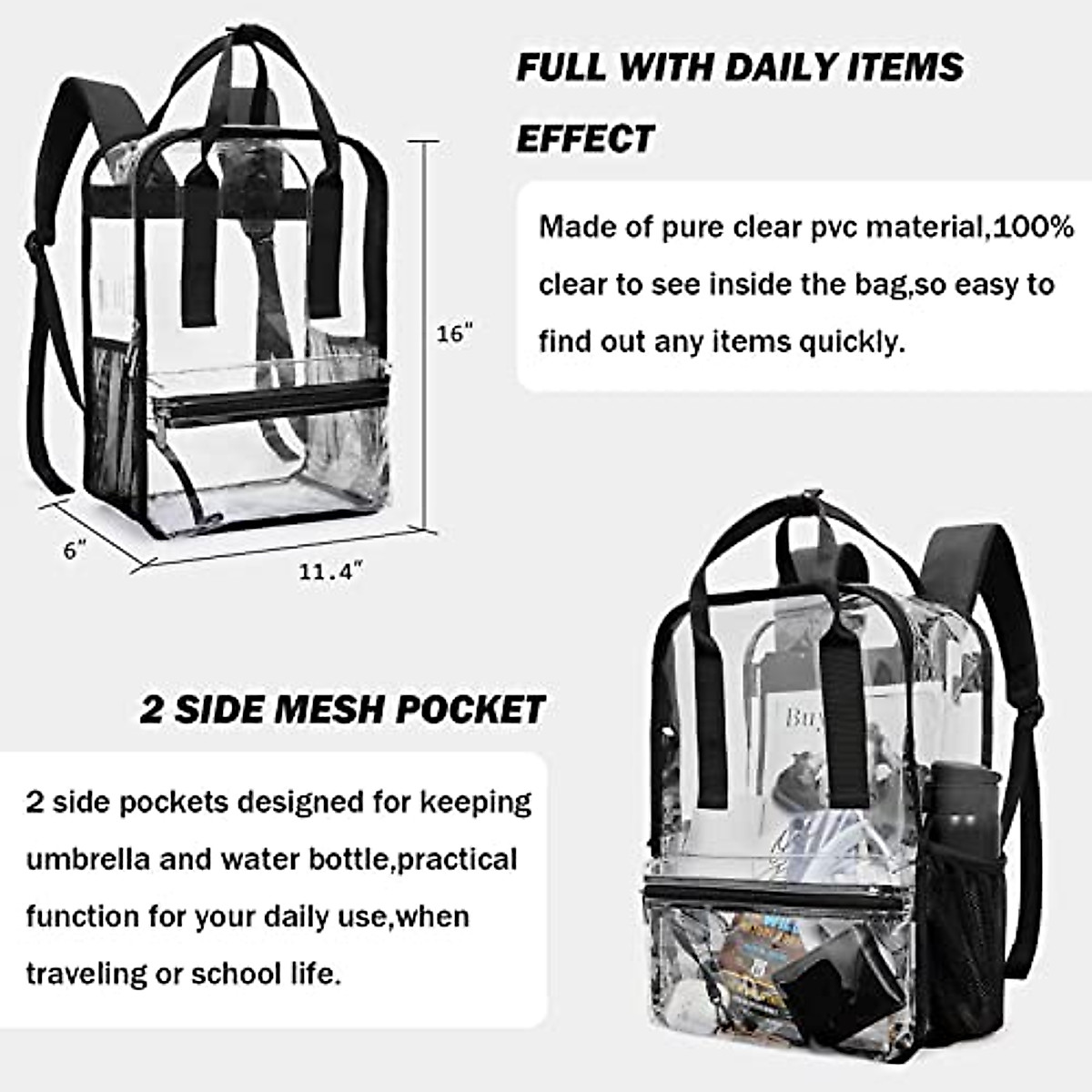 mommore Heavy Duty Clear Backpack Durable See Through Bookbags for Work, 16” Transparent Large Backpack, Black