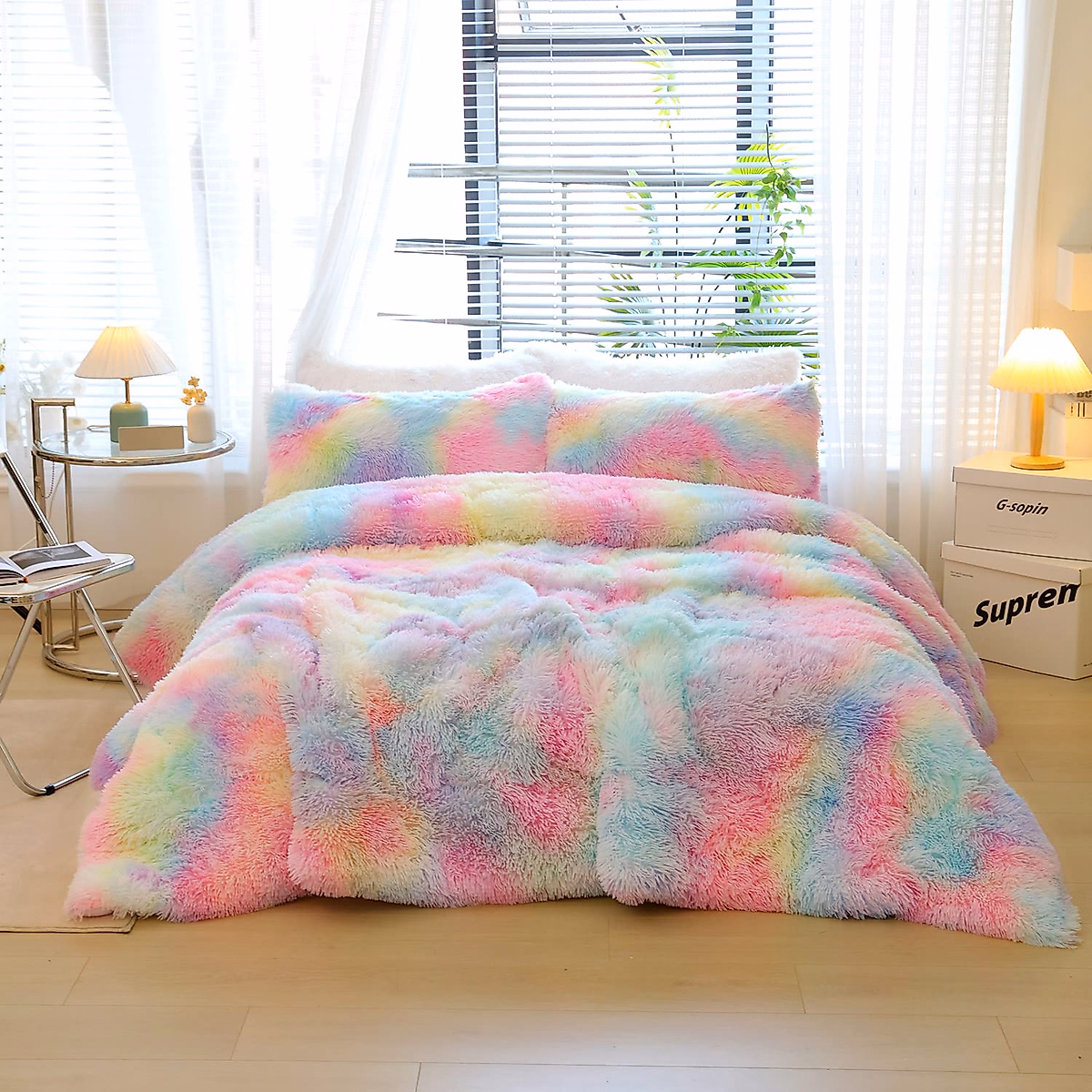 chovy Kids Girls Faux Fur Rainbow Comforter Sets Twin/Full - 3PC Bed Set Soft Warm Comfortable Classical Rabbit Plush Velvet Flannel Fluffy Fuzzy Bedding（Comforter x 1 Pillowcases x 2）