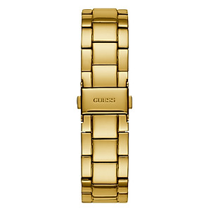 GUESS Classic Gold-Tone Stainless Steel Bracelet Watch with Day, Date + 24 Hour Military/Int'l Time. Color: Gold-Tone (Model: U1070L2)