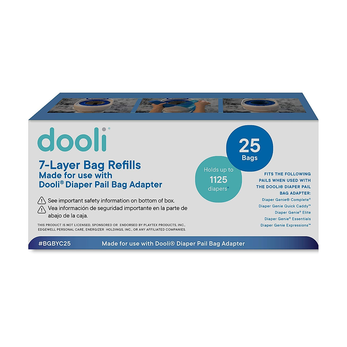 Diaper Pail Bag Refills, Compatible with Diaper Genie, Roll of 25 Bags, Holds up to 1,125 Diapers