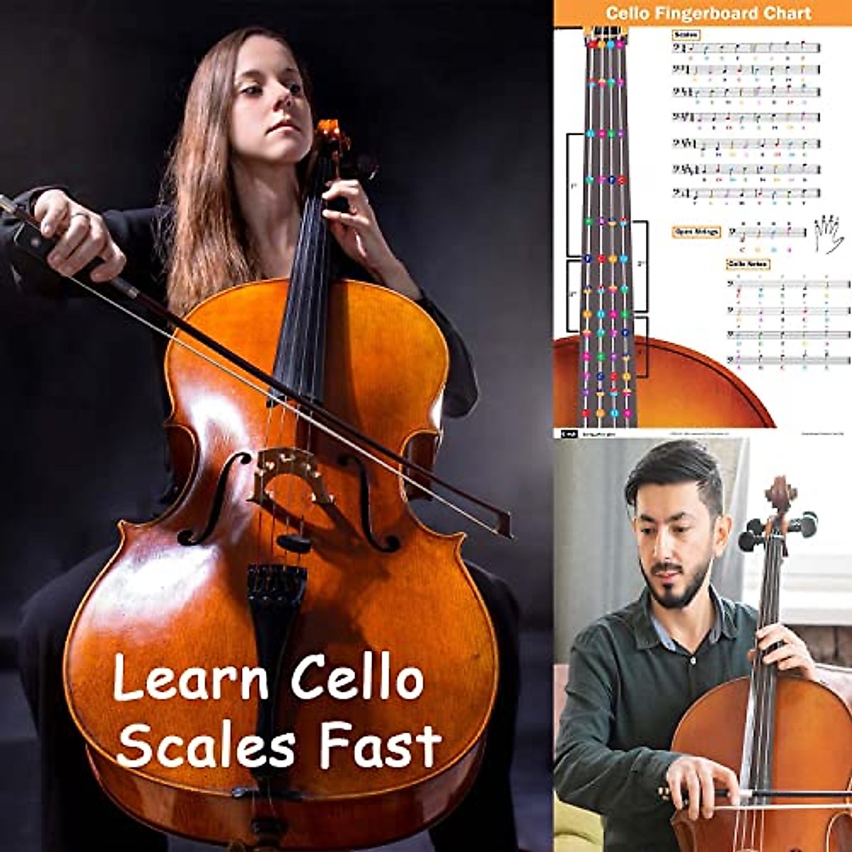 QMG Cello Fingering Chart with Color-Coded Notes, Cello Scales Techniques Suitable for All Levels