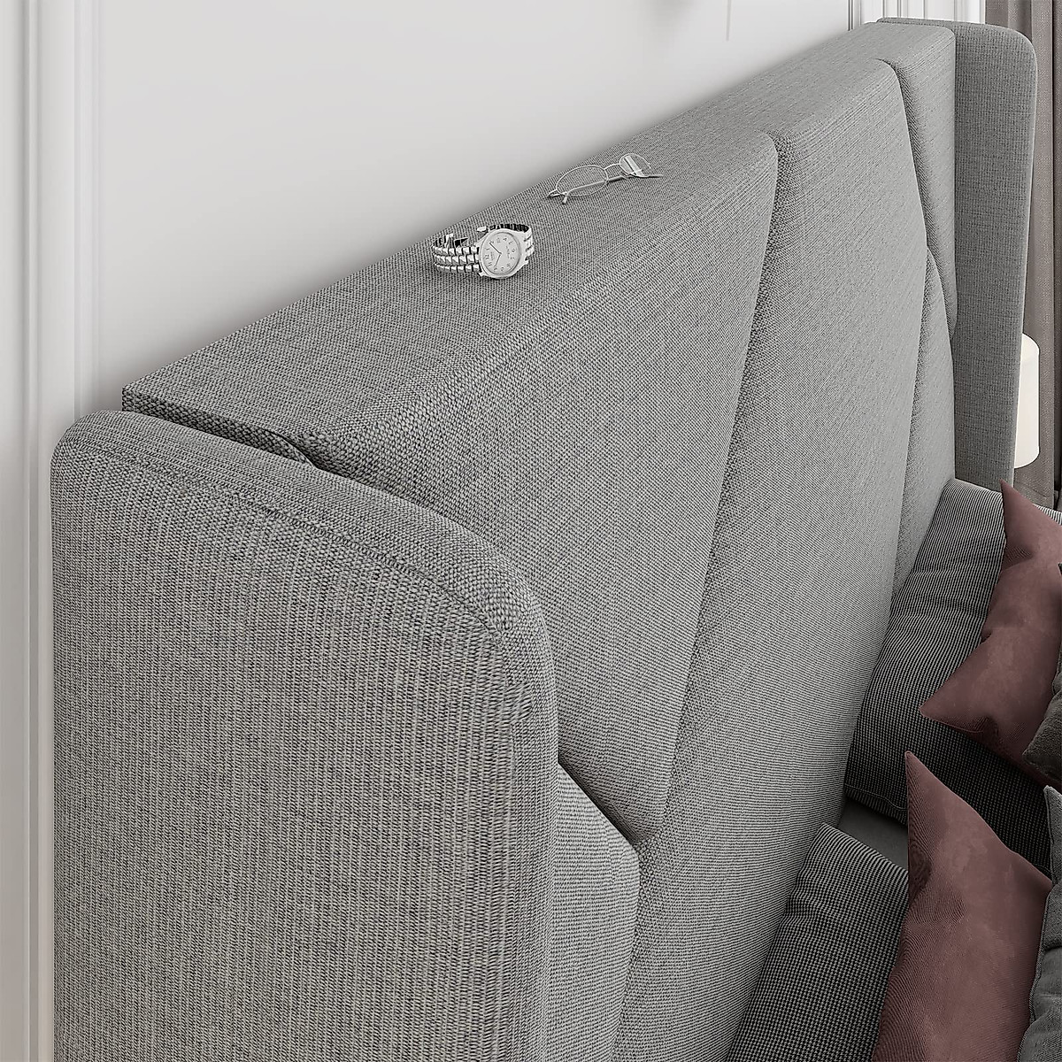 wOod-it Queen Size Platform Bed Frame with Headboard, Upholstered Bedframe with Wingback / 12 Solid Wooden Slats/No Box Spring Needed/Noise-Free/Easy Assembly, Light Gray