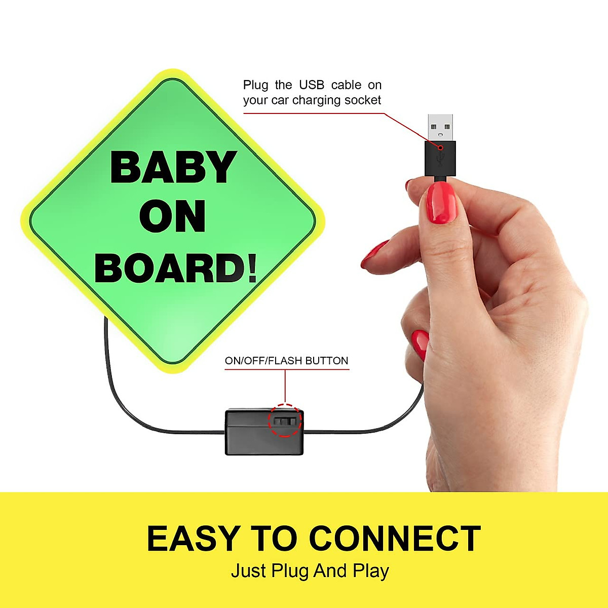LED Baby on Board Sticker for Cars, 5x5in, Baby on Board Sign with LED Lights, Baby on Board Decal with Premium 3M Adhesive, Baby on Board Stickers for Car, Trucks, SUVs