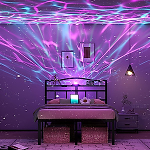 SHOANED Full Size Metal Bed Frame - 18 Inch Heavy Duty Bedframe with Headboard & Charging Station Basic Steel Slats Platform with Galaxy Aurora Projector No Box Spring Needed