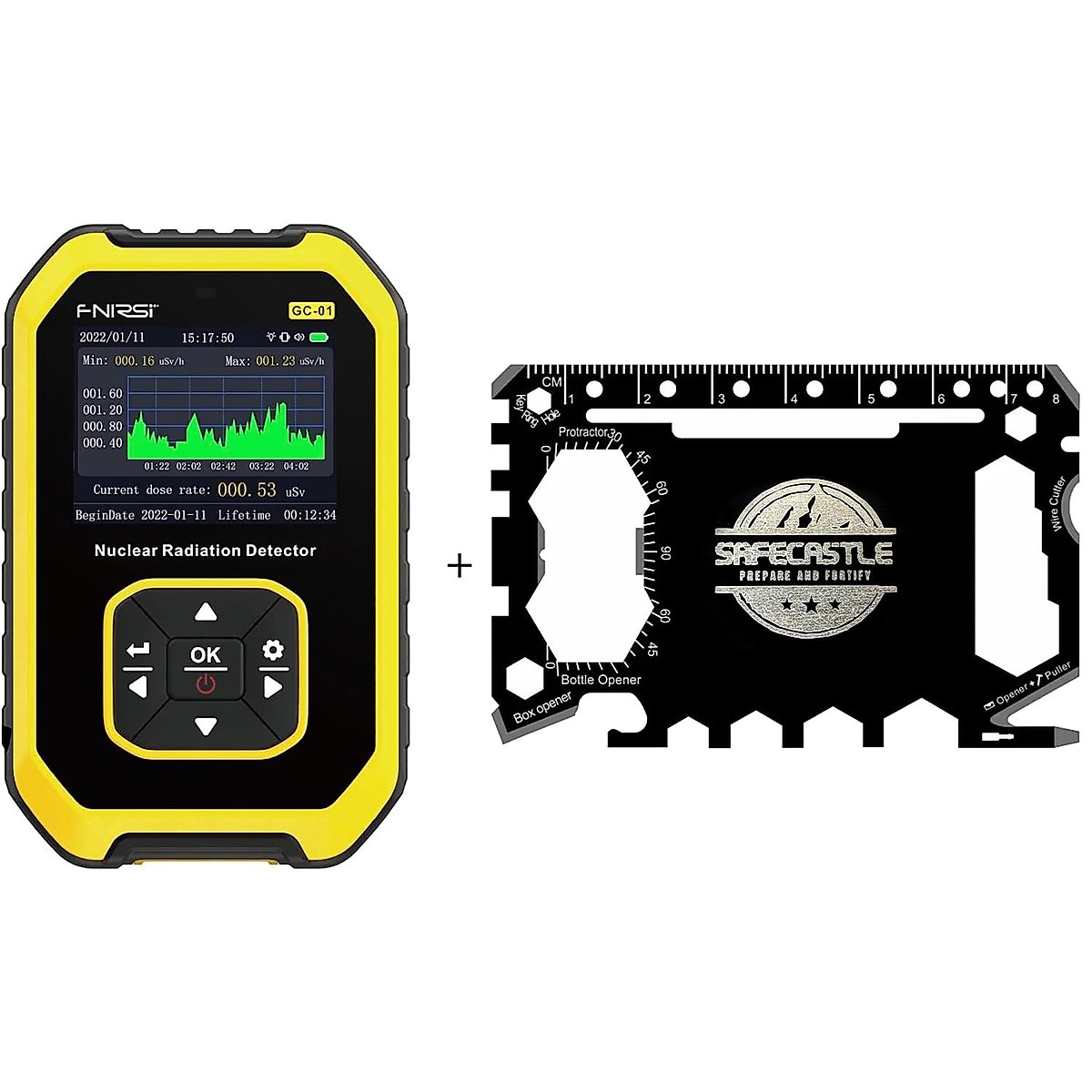 Bundle of 1 Geiger Counter Nuclear Radiation Detector-FNIRSI Radiation Dosimeter with LCD Display, Portable Handheld Beta Gamma X-ray Rechargeable and Safecastle Multipurpose Toolkit Card