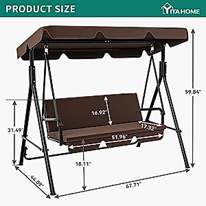 YITAHOME 3-Seat Porch Swing Outdoor Heavy Duty Patio Swing Chair with Stand Adjustable Canopy Soft Cushion for Garden, Patio, Lawn, Balcony and Deck, Brown