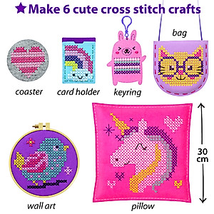 KRAFUN Beginner My First Cross Stitch Kit for Kids Arts & Crafts, 6 Easy Projects of Felt Keyring, Bag, Pillow Craft, Instructions, Gift for Girls and Boys, Learn DIY Crafting, Embroidery