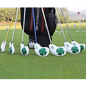 Golf Iron Covers,Golf Iron Head Covers Leather Golf Iron Covers Set 10pcs Golf Iron Headcovers,Lucky Clover Golf Club Head Covers for Iron with Magic Tape Fit All Brands Titleist,Callaway,Ping (White)
