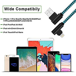 iPhone Charger Cord Right Angle Lightning Cable 5 Pack (3/3/6/6/10FT) Nylon Braid 90 Degree Charging Cord Fast Charging & Data Sync Cord Long Compatible iPhone 13 12 11 Pro XS Max/X/8/7/Plus iPad Blue