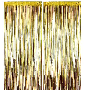 2 Pack 3.2 ft x 9.8 ft Champagne Gold Gold Tinsel Curtain Party Backdrop Decorations, Metallic Foil Fringe Backdrop Door for Birthday Graduation Wedding Party Streamers Photo Backdrop.