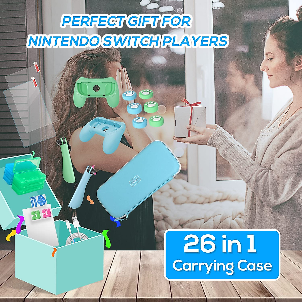 Accessories Bundle Compatible with Nintendo Switch for Animal Crossing,26 in 1 Accessories kit Carrying Case,Screen Protector,Handle Grips,Steering Wheels,Silicone Case,Thumb Caps for Joy Con