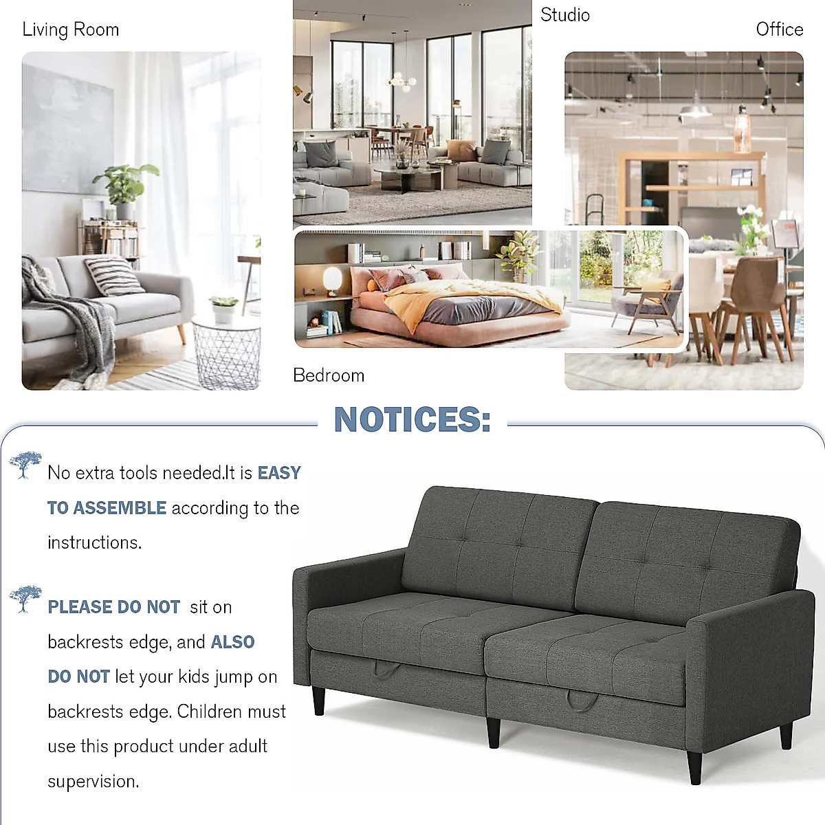 Lesofair 77" Linen Fabric Sofa Bed with Adjustable Backrests, Convertible Loveseat Sofa, Modern Sleeper Couch with Wooden Legs for Living Room, Bedroom, Dark Grey