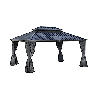 WeYard Hardtop Gazebo for Patios, Portofino 12’x16’, Permanent Alum-Frame & Steel-Structure Pergola, for Outdoor Relax/Grill/BBQ, with All-Sides Nettings, Curtains…