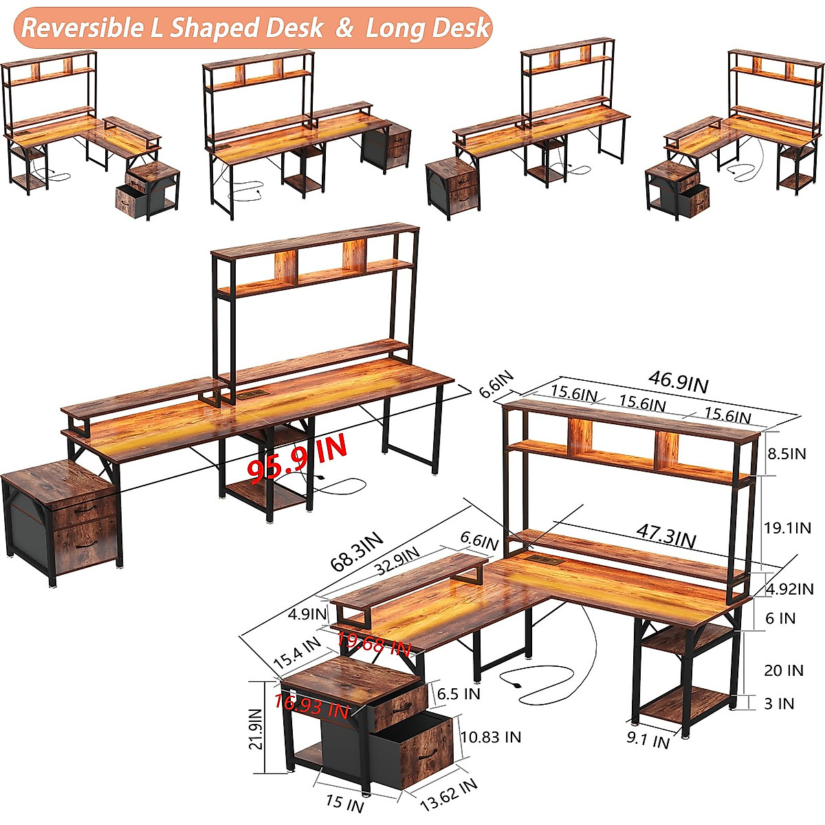 SZXKT L Shaped Desk with Drawers,Corner Desk with Storage,Gaming Desk with Power Outlet,L Desks for Home Office with Monitor Stand and LED Lights, Desk with Shelves and Bookshelf,Rustic Brown