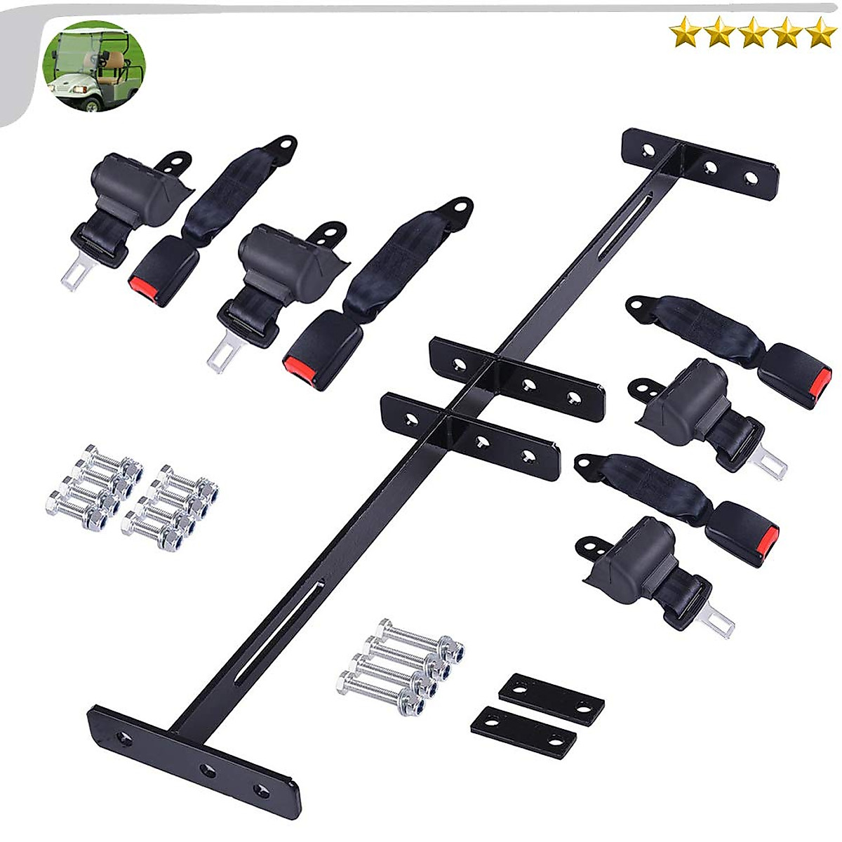 4PCS Retractable Universal Golf Cart Seat Belts Bracket Kit Set for Most EZGO, Club Car DS, Yamaha, and Other Golf Cart