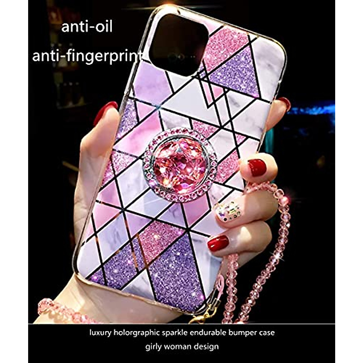 Aulzaju for iPhone 12 Pro Max Girly Case with Ring Stand Luxury Bling Diamond Hard PC Back Rugged Marble Design Cute Glitter Rhinestone Geometric Bumper Cover with Bead Lanyard for Women 6.7'' Pink
