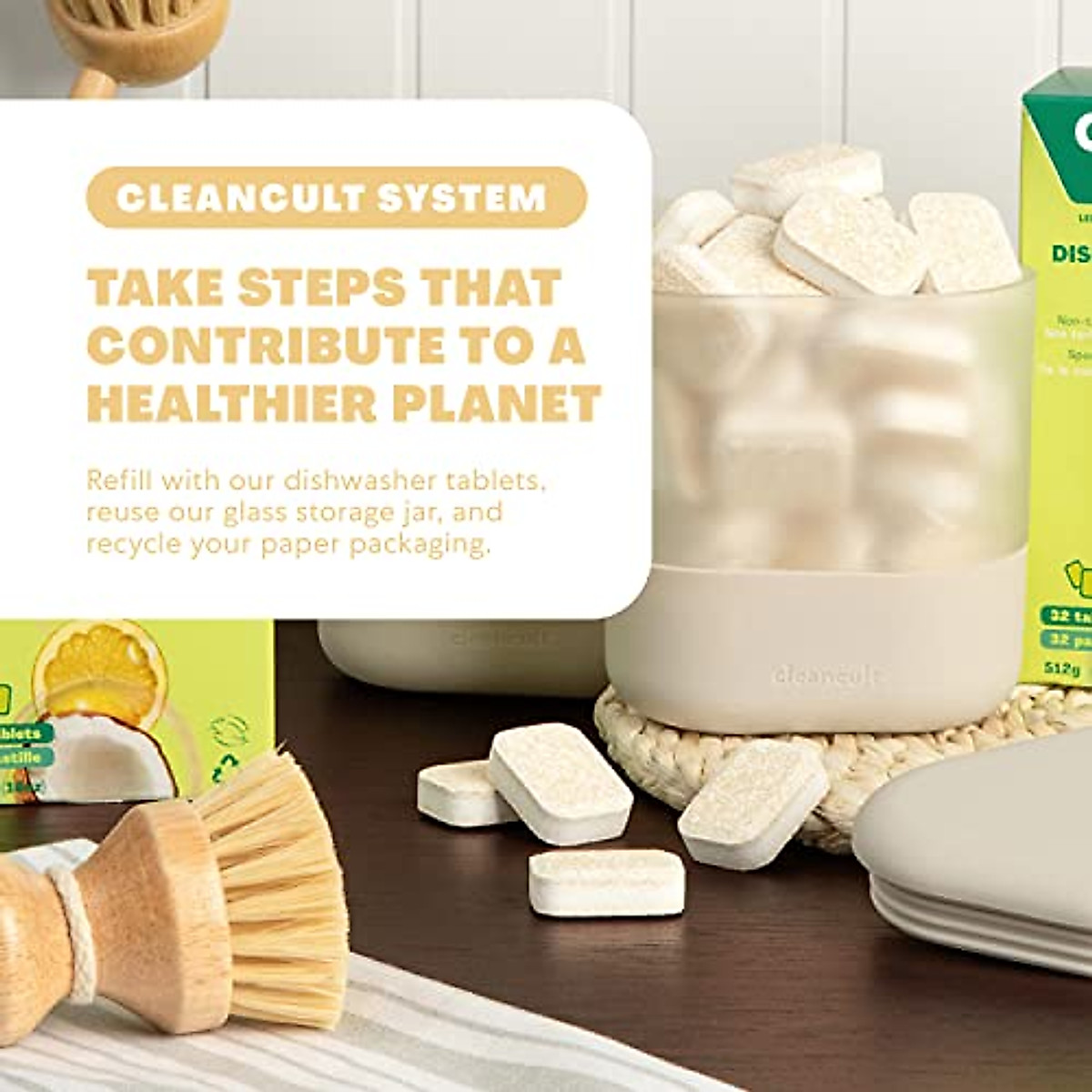 Cleancult Glass Refillable Dishwasher Pod Holder, Empty, Holds Approx 32 Dishwasher Tablets, Reusable Cleaning & Cosmetic Storage