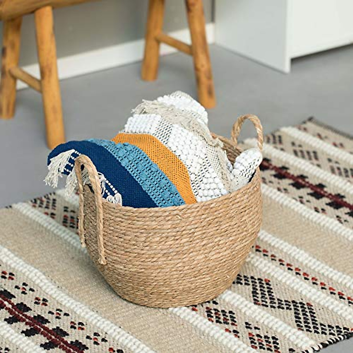 Vintiquewise Decorative Round Wicker Woven Rope Storage Blanket Basket with Braided Handles - Large