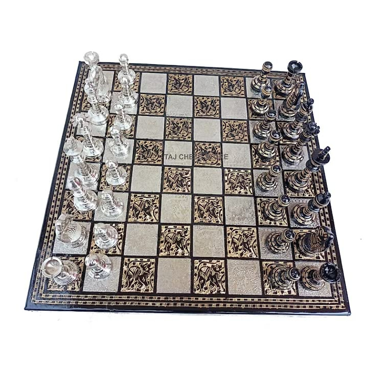 12" Solid Brass Metal Chess Set Pieces & Board with Velvet Storage Box | Brass Metal Luxury Chess Set | Antique Chess Set for Gifts