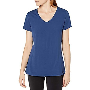 Amazon Essentials Women's Tech Stretch Short-Sleeve V-Neck T-Shirt (Available in Plus Size), Pack of 2, Navy/Teal Blue Space Dye, Large