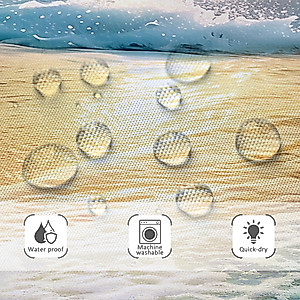 Riyidecor Ocean Coastal Hawaiian Sunrise Shower Curtain 72x84 Inch Sea Wave Summer Beach Seaside Scene Island Blue Fabric Set Waterproof 12 Pack Hooks BB-JWXP