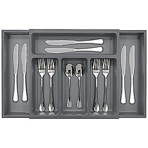 KAKUNM Adjustable Silverware Organizer | Cutlery Utensil Organizer Silverware Tray for Drawer Apartment Essentials, Convenient Flatware Kitchen Organization and Storage for Spoon Knife, Gray