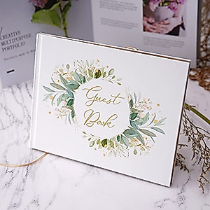 Avamie Wedding Guest Book, 120 Lined Pages Guest Sign-in Book Guest Registry Guestbook Planner, White Cover With Gold Foil and Greenery Design, Gold Gilded Edges and Gold Ribbon, 7x9 inches, Hardbound