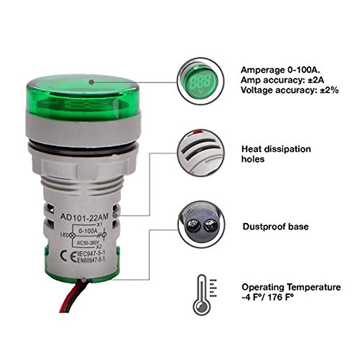 Shopcorp - Digital Led Display Indicator Ammeter, 0-100A Max AC380 Current Meter and 220V - Gauge Meter, Tester Amp Monitor - AD101-22AM Model, Circle Panel, Green (3 Pack)