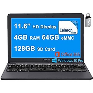 ASUS VivoBook E12 Thin and Light Business Laptop 11.6 inch HD Display Intel Celeron N3350 4GB RAM 64GB eMMC + 128GB SD Card Intel HD Graphics 500 HDMI Office365(1-Year) Win10Pro + USB-C Adapter
