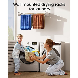 MrToNo Laundry Drying Rack Collapsible, Wall Mounted Drying Rack, Clothes Drying Rack, Retractable Drying Rack,13.2 Linear Ft, 5 Aluminum Rods, 60 lb Capacity (White, 40'')