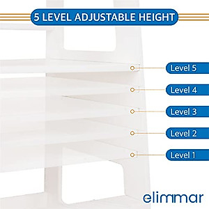 ELIMMAR Toddler Standing Tower - Wooden Learning Tower for Children - 5-Level Adjustable Height, Non-Slip Steps & Feet Pads, Silicone Mat, 2 Safety Bars - Helper Stool for Kids - White, 16x15.7x35.4
