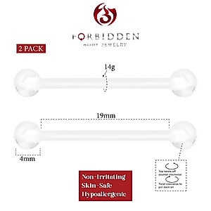 Forbidden Body Jewelry Clear Piercings, Clear Piercings for Work, 14G 19mm Hospital Grade PTFE Flexible Piercing Retainers for Pregnancy, MRI, Surgery & More (4mm Acrylic Balls), Sold as Pair
