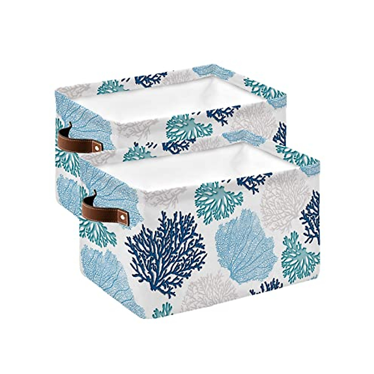 Blue Teal Coral Storage Basket Waterproof Cube Storage Bin Organizer with Handles, Summer Beach Coastal Modern Geometric Collapsible Storage Cubes Bins for Clothes Books Toys 15"x11"x9.5" 2 Pcs