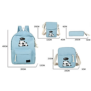 e-youth 4Pcs Cute Panda Backpack Lightweight Casual Canvas Backpacks for Women