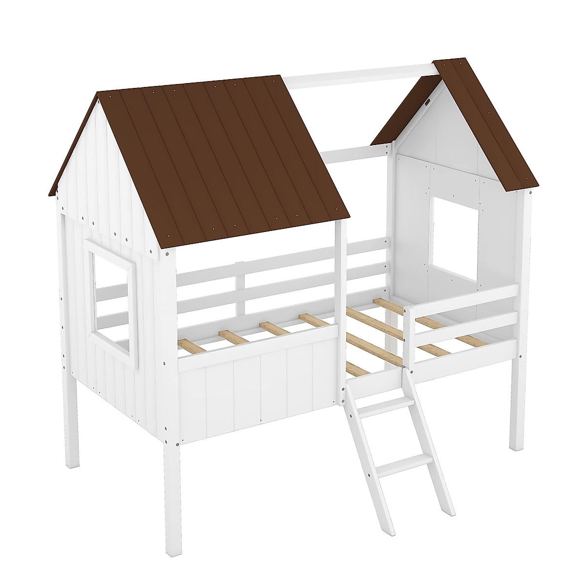 House Bed for Kids,Low Loft Bed Frames Twin Size,Wood Toddler House Bed with Two Side Windows and Roof for Kids/Teens/Girls/Boys,White