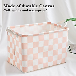Ohocut Pink White Checkered Canvas Basket, Rectangular Organizing Decorative Storage Basket for Kids Girls Dog Cat Toy, Cute Aesthetic Checkered Room Decor for Home, Bedroom, Classroom, Shelves