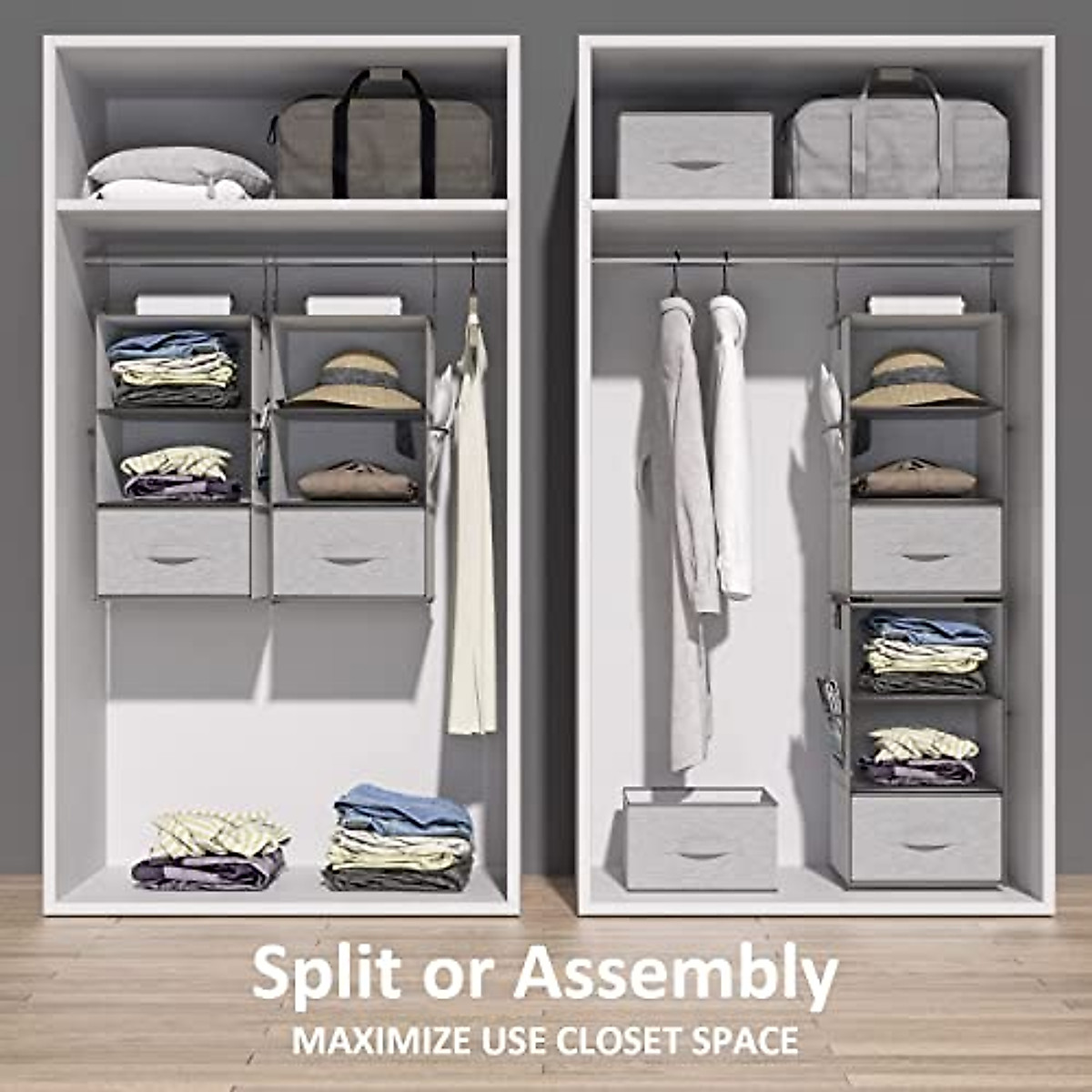 YOUDENOVA Hanging Closet Organizers with Drawers, Two 3-Shelf Separable Closet Hanging Shelves for Dorm, RV, Canvas, Grey